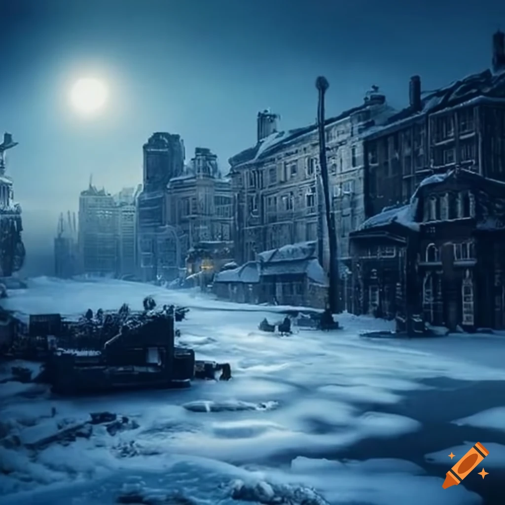 Harsh winter apocalypse city with frozen corpses under darkened sun on ...