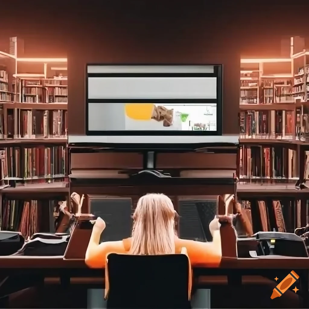 High-tech library with students studying using laptops and wall-mounted TVs on Craiyon