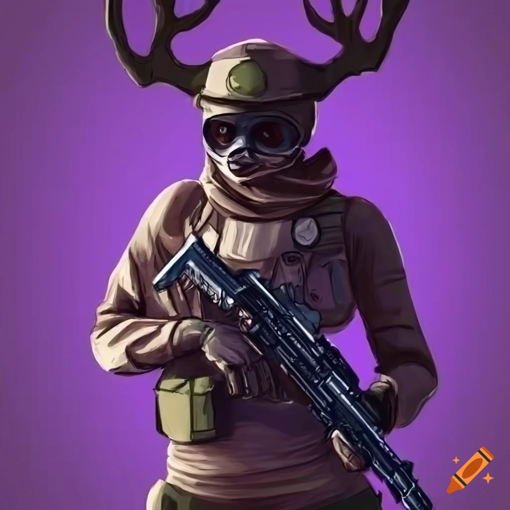Sketch of female deer soldier in military gear with sub-machine gun ...