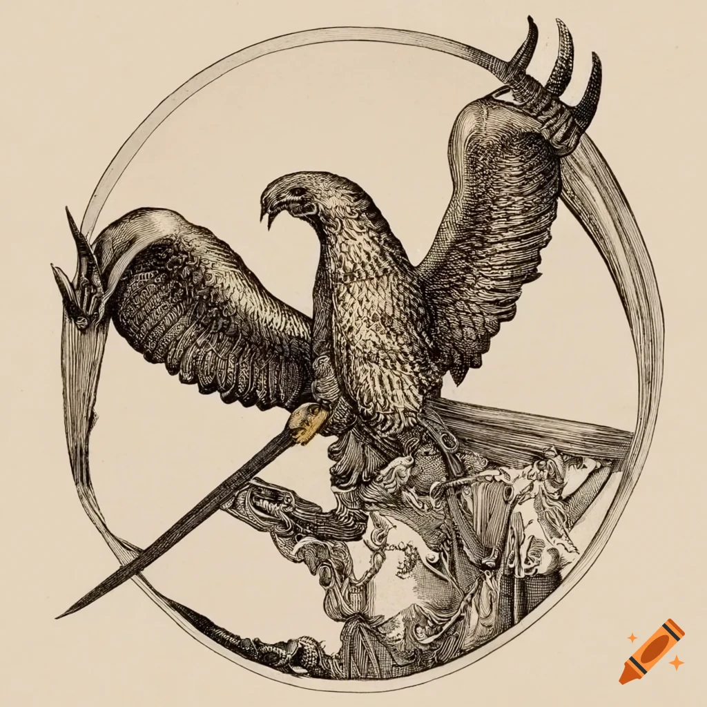 Arabic eagle clutching traditional weapons in its talons with a coat of ...