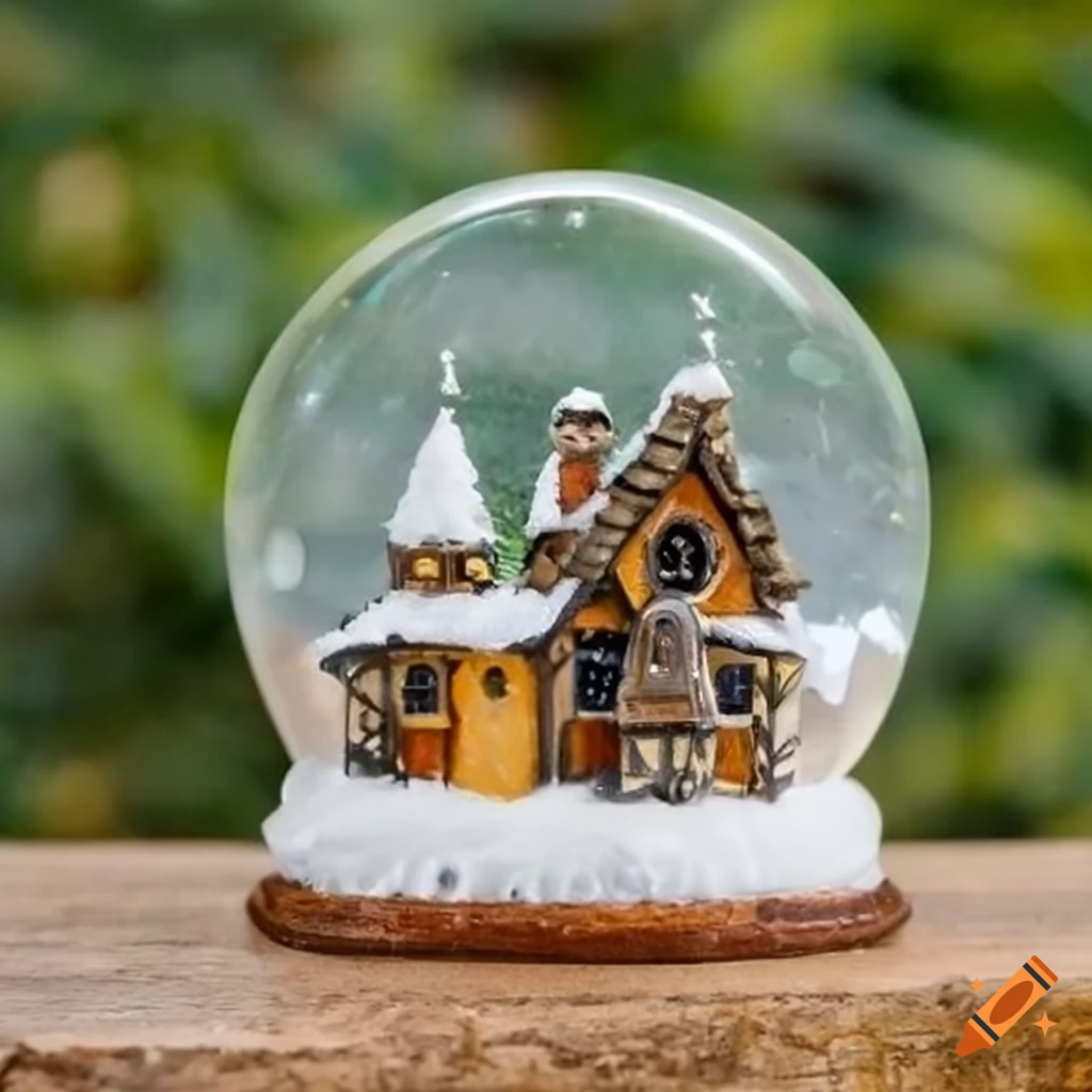 Miniature hobbit house inside a snow globe on a table on Craiyon