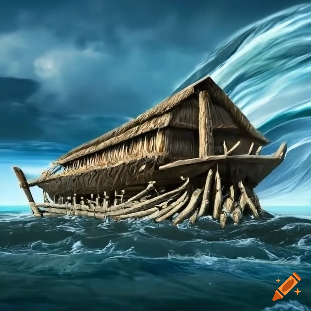 Prehistoric ark made from logs on stormy waves resembling a longhouse ...