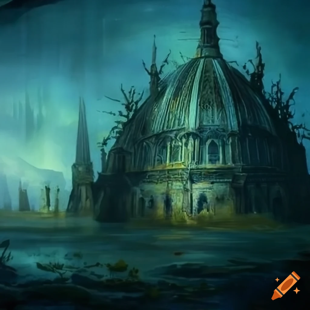 Church dome sinking into upside-down swamp in imaginative art on Craiyon