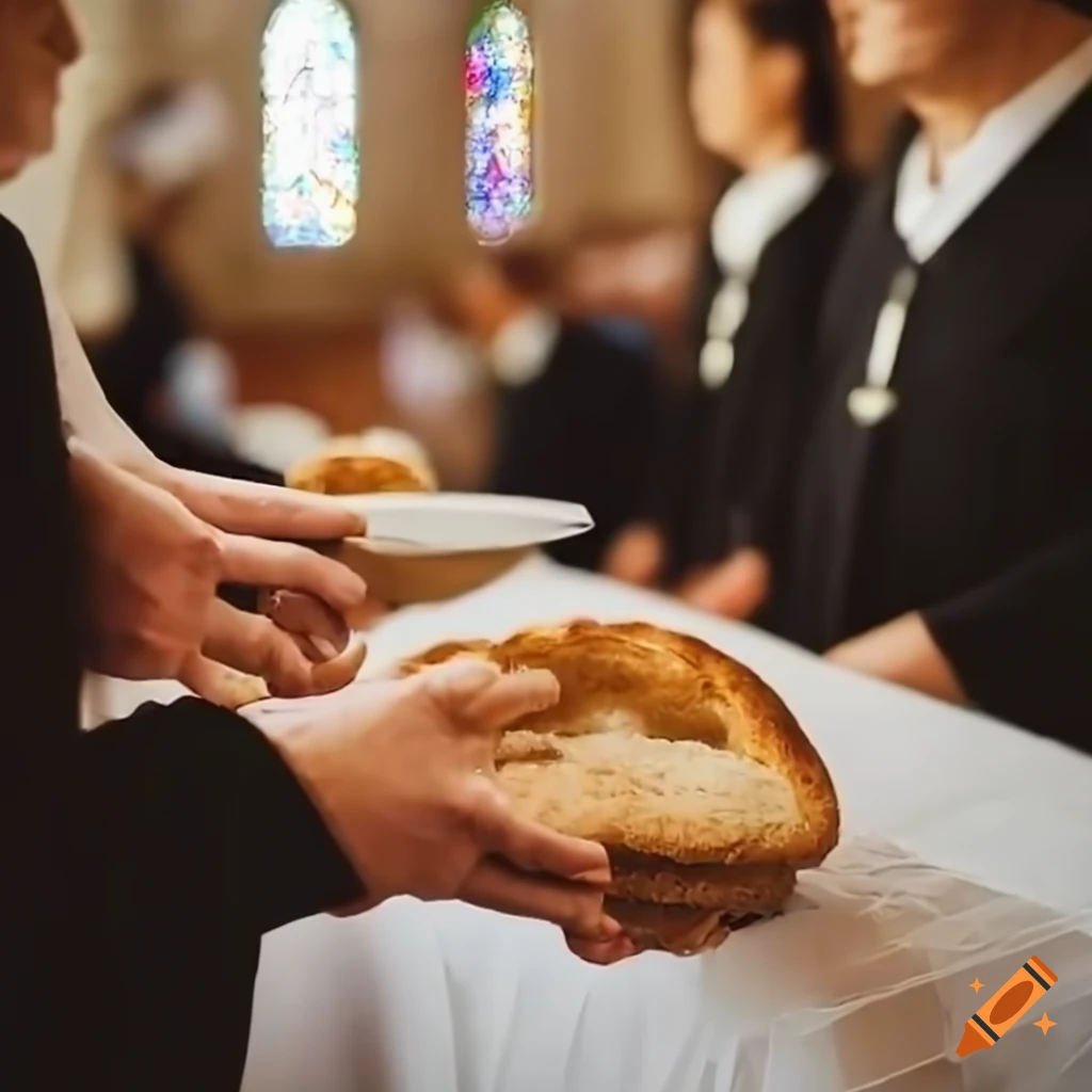 Religious communion ceremony in a church with bread and wine on Craiyon
