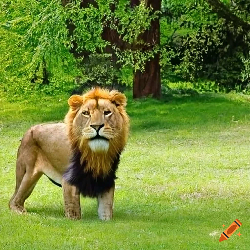 Majestic lion relaxing in a german garden surrounded by colorful ...