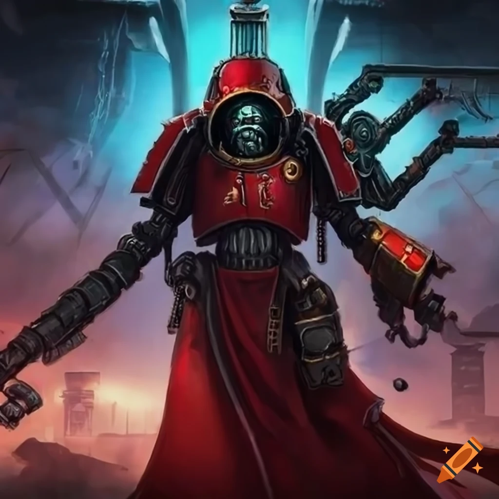 Warhammer 40K adeptus mechanicus on a spaceship bridge on Craiyon