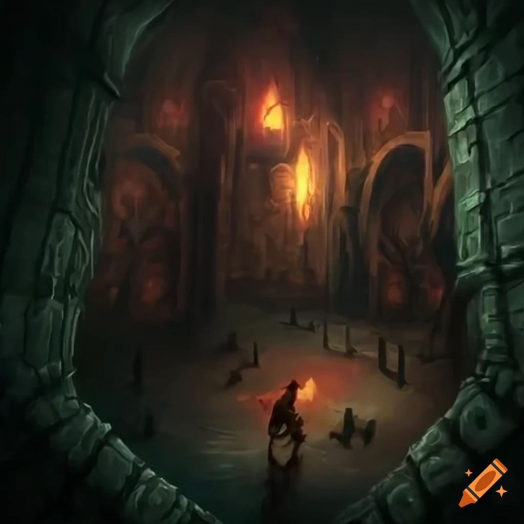 Dwarf and elf falling through a dark dungeon with an intense distortion ...