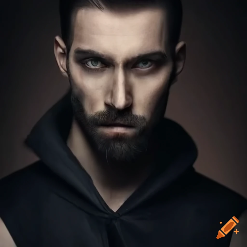 Portrait of a man with sharp features, black hair, and blue-gray eyes ...