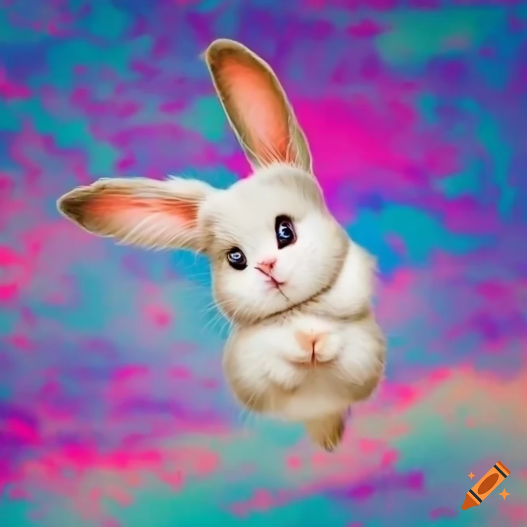 Fluffy white rabbit flying in a colorful sky on Craiyon