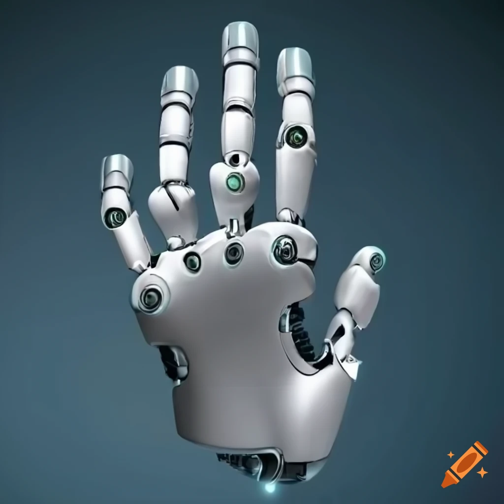 3D robot right hand from hand to elbow in silver and grey color on Craiyon