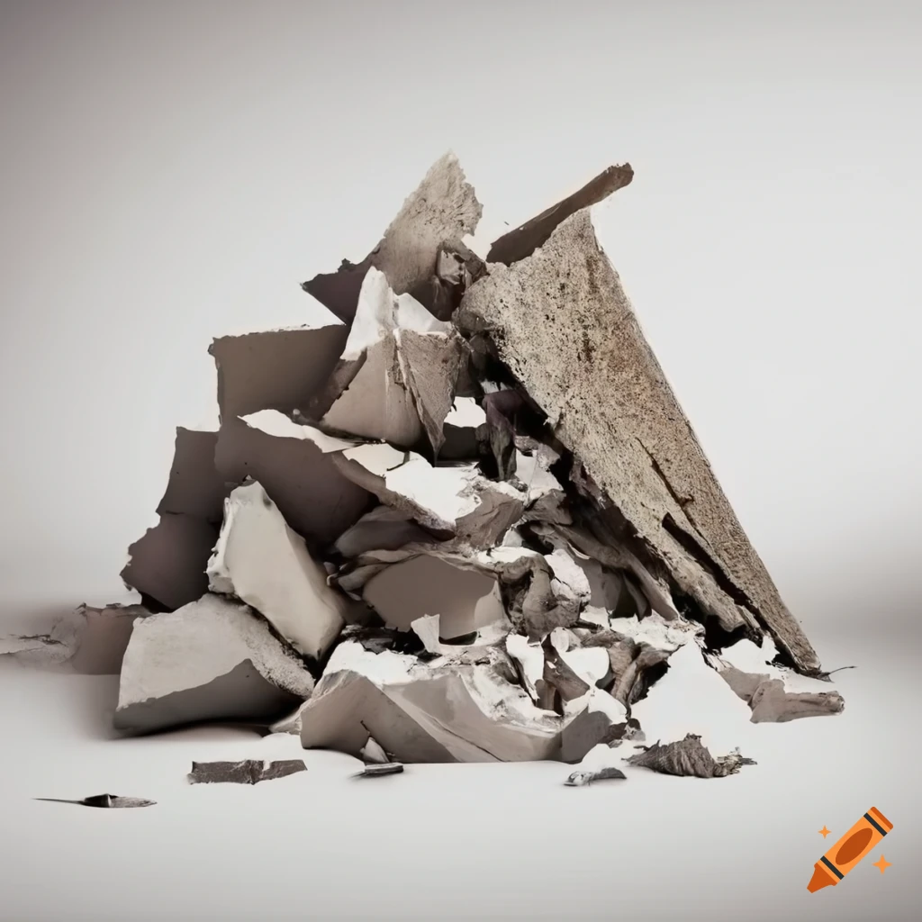 Pile of broken rubble and concrete in a white room on Craiyon
