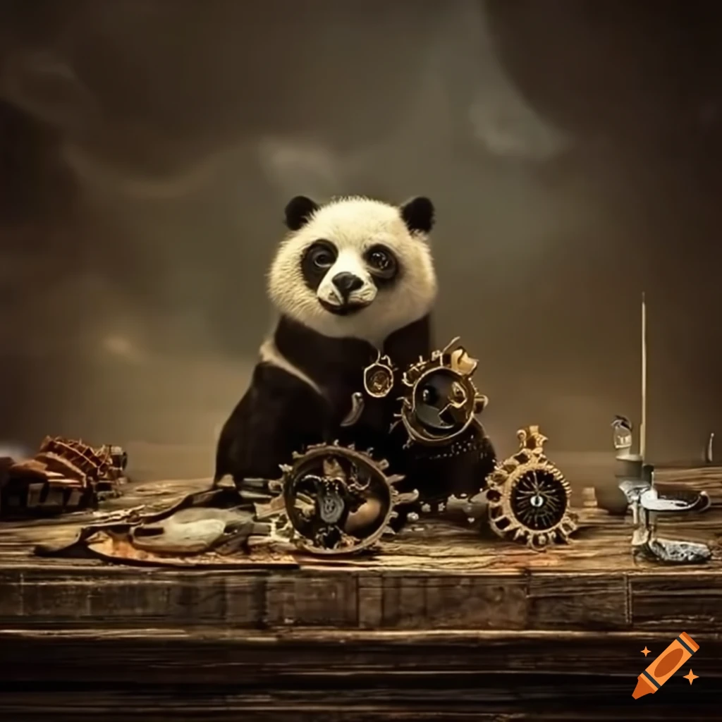 Steampunk clockwork panda in front of dramatic scenery on Craiyon