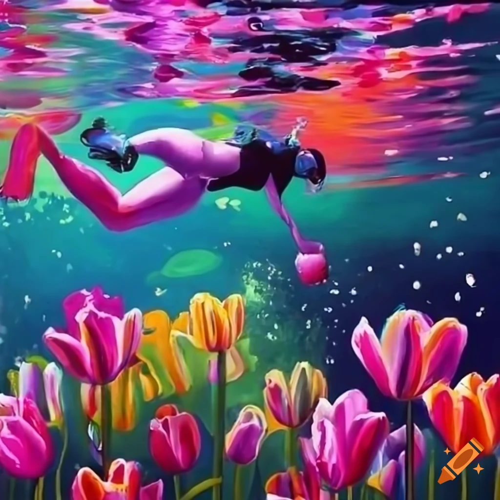 Scuba diving among tulip flowers in a colorful and jazzy painting on ...