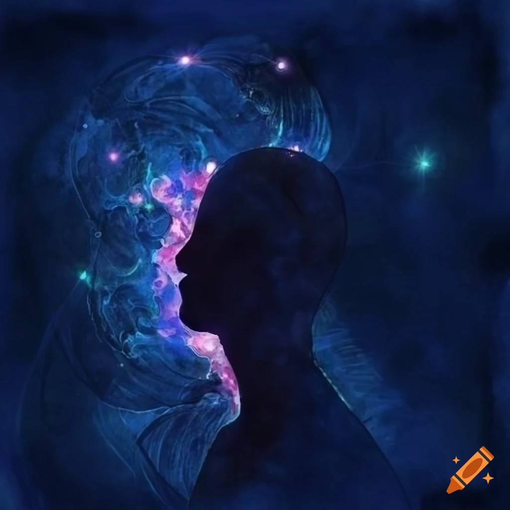 Silhouette with soul surrounded by quantum lights on deep indigo ...
