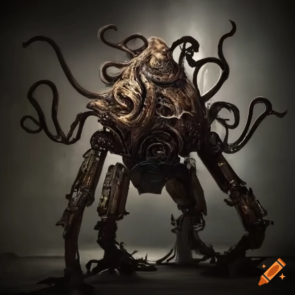 Intricately detailed lovecraftian-inspired mech design on Craiyon