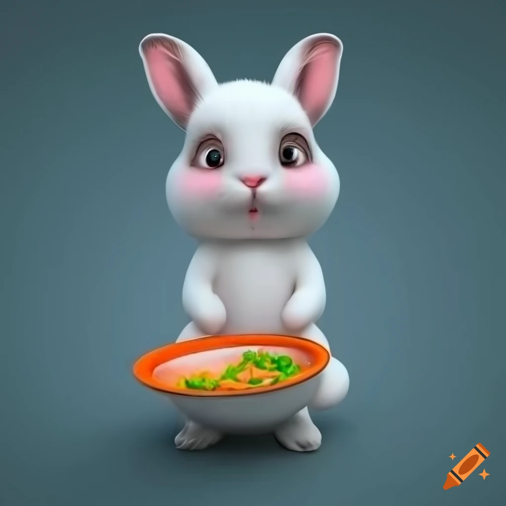 Cute white rabbit named Fluffy cooking a carrot dish on Craiyon