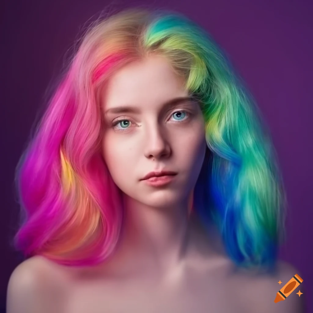 Portrait of a young woman with rainbow hair and vibrant eyes on Craiyon