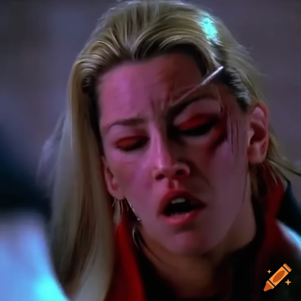 Closeup of elizabeth banks as a female fighter in a 90's movie scene on Craiyon