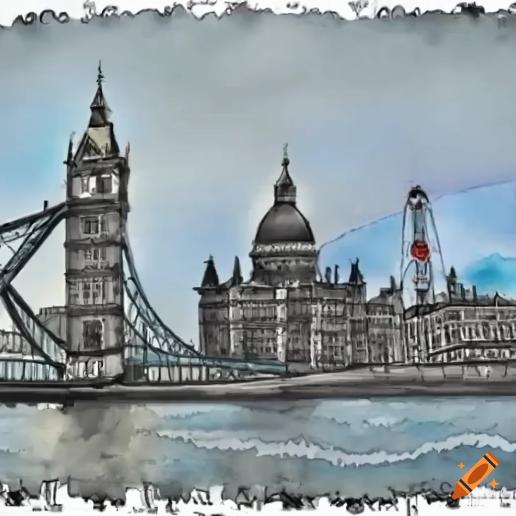 Iconic London landmarks sketched in 2D style with red buses, Tower ...
