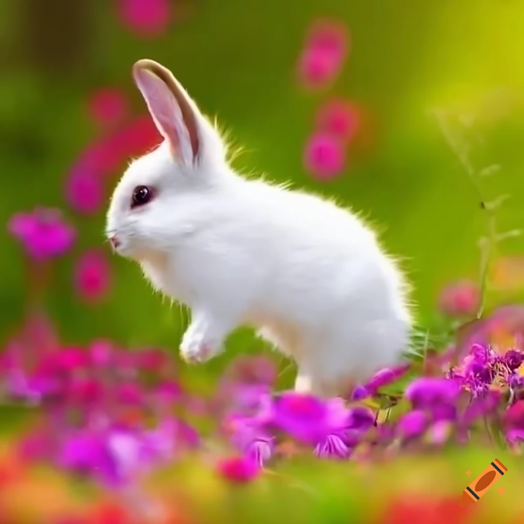 Fluffy white rabbit jumping in colorful flower forest on Craiyon