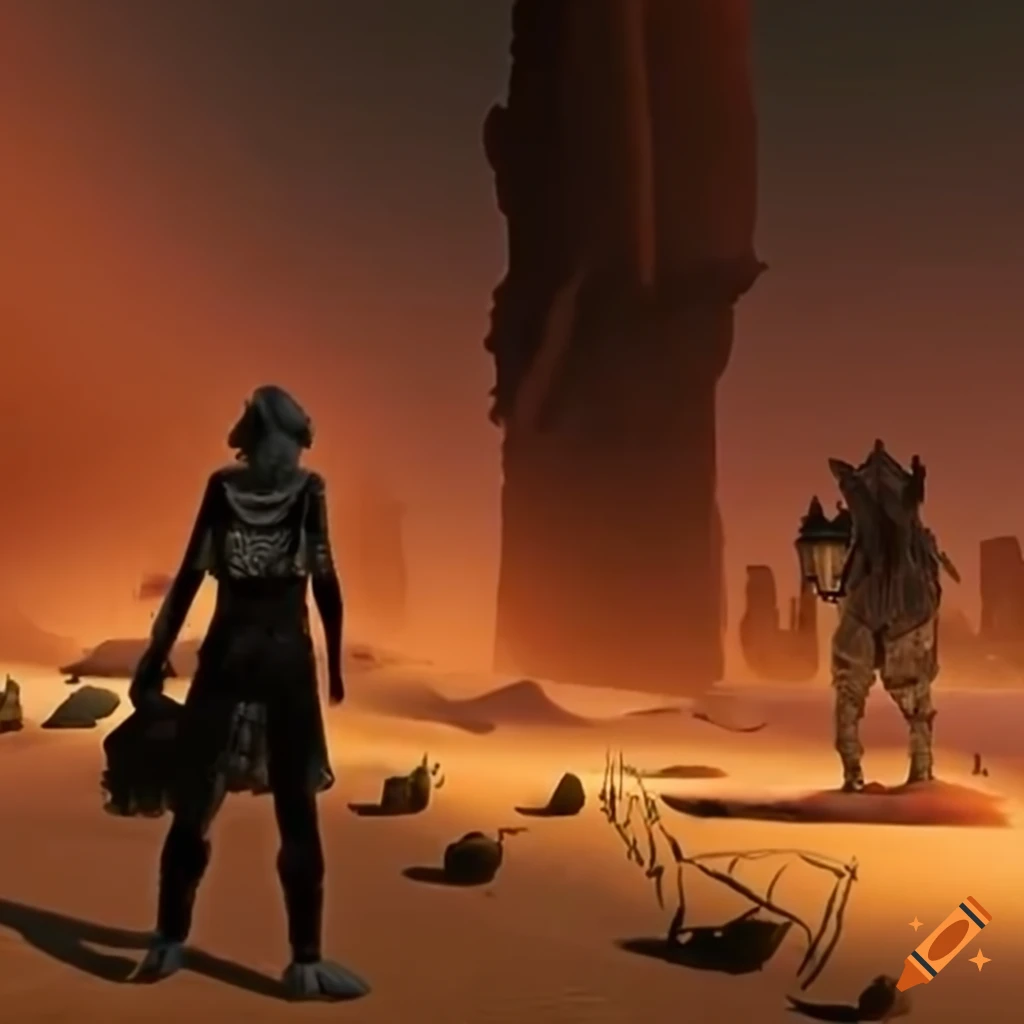 Post-apocalyptic city in the desert with scared characters and a ...