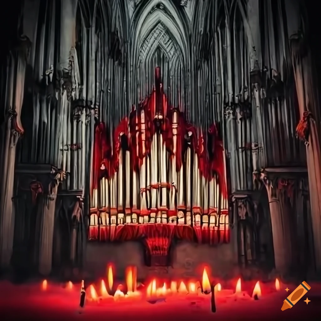 Haunted and possessed pipe organ in a dark gothic hall with black smoke ...