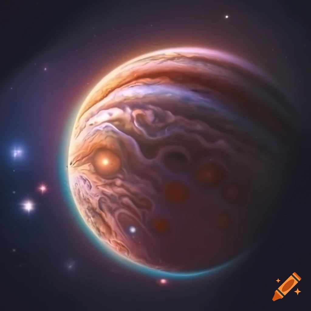 Jupiter in space with stars, asteroids, and the milky way on Craiyon