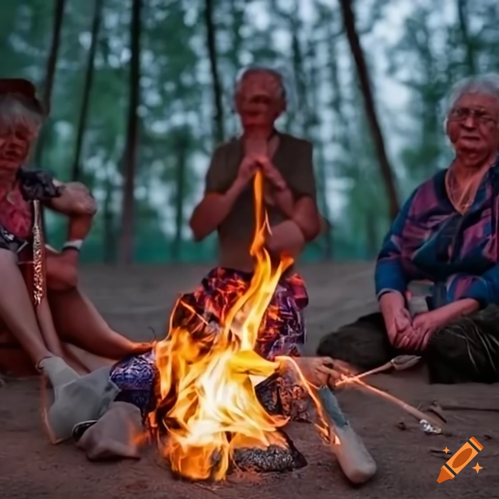 Elderly hippies sharing stories around a campfire in a carbon-neutral ...
