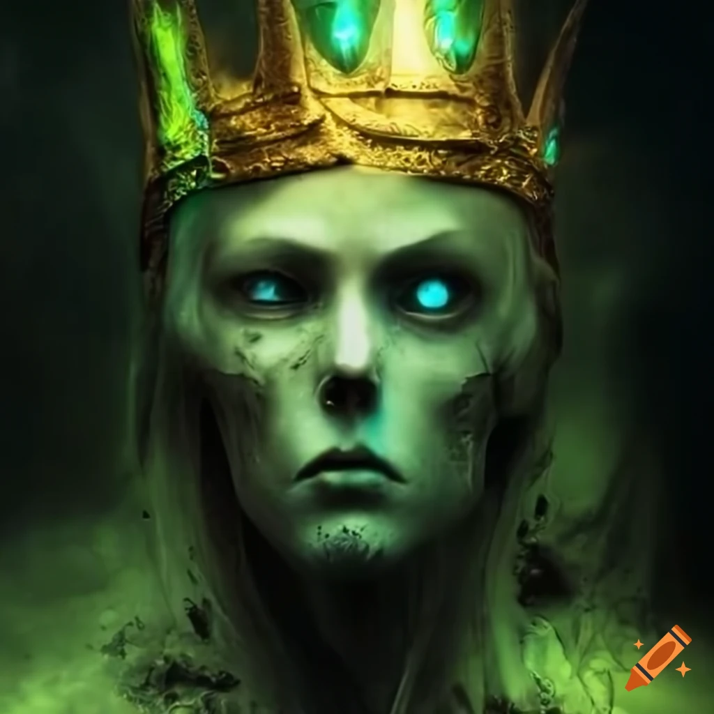 Regal lich king with a crown in a mysterious green atmosphere on Craiyon