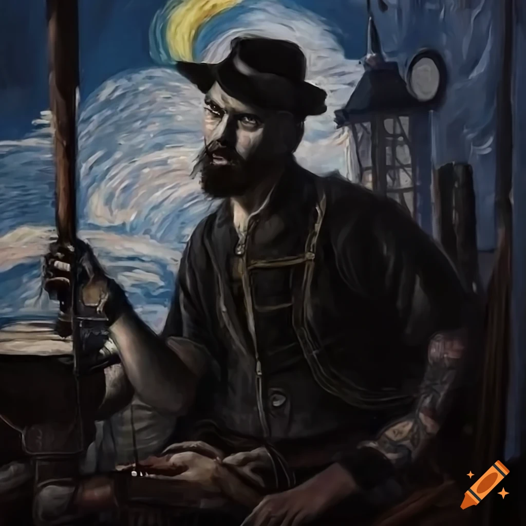 Steam punk tugboat engineer on deck during starry night on Craiyon