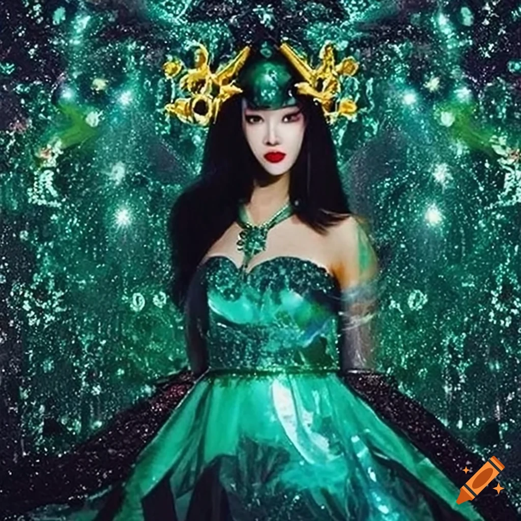 Kpop diva with emerald green locks in retrofuturistic attire holding a ...