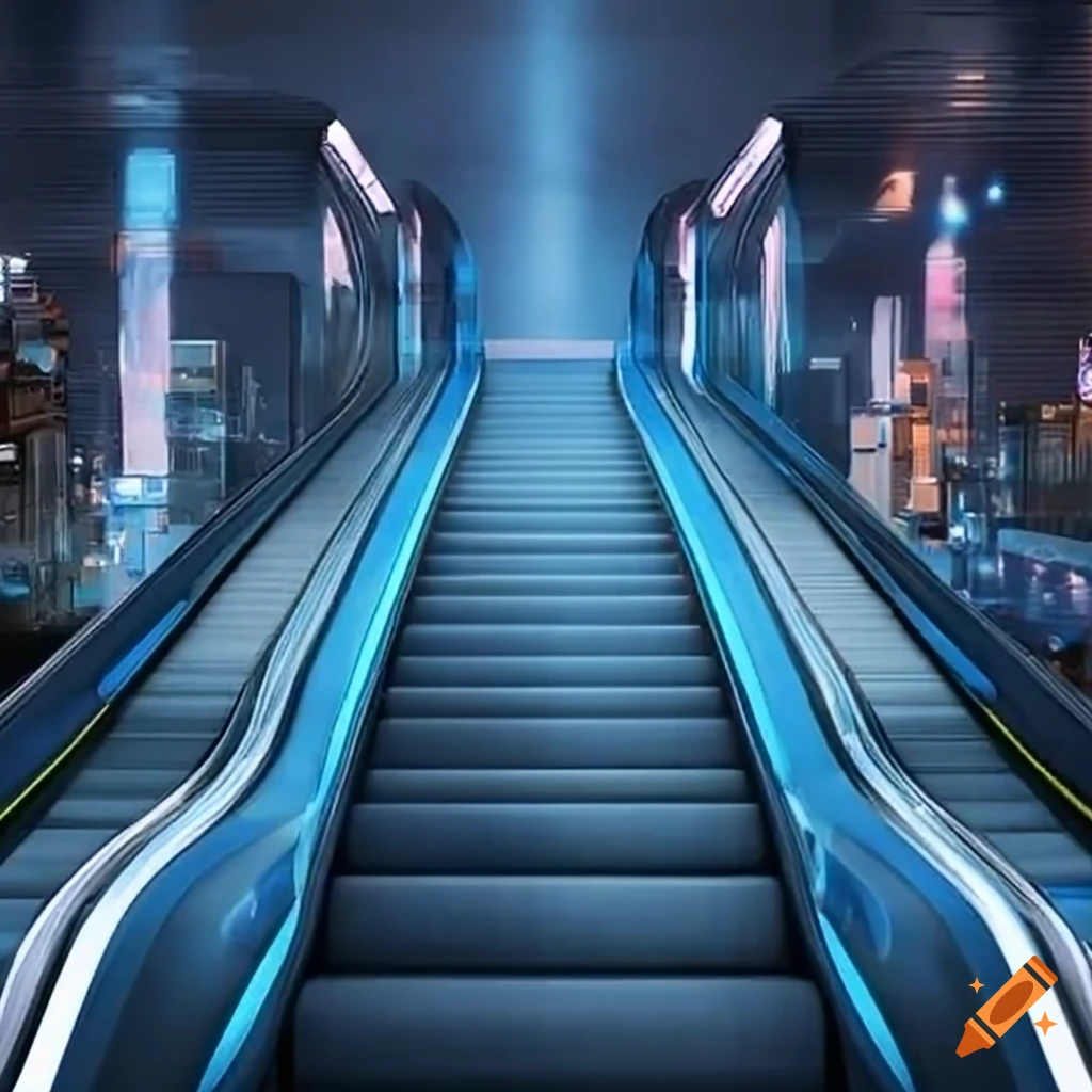 Escalator symbolizing futuristic artificial intelligence in blue tones ...