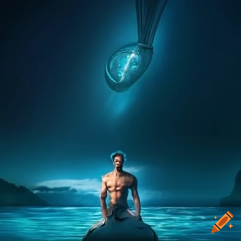 Mystical sailor man on a futuristic ship in a star-filled ocean on Craiyon