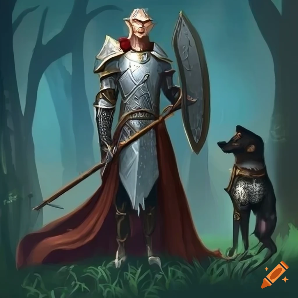High elf paladin with spear and shield in mystical forest with dog ...