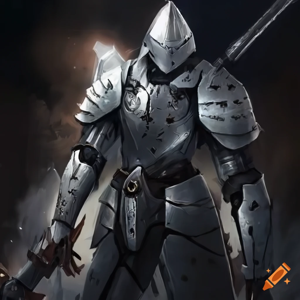 Epic fantasy mecha knight in full white armor with a power gun on Craiyon