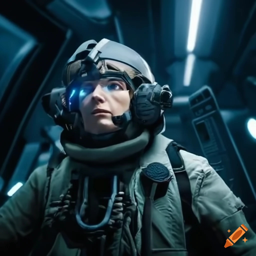 Heroic pilot in a high-tech spaceship cockpit on Craiyon