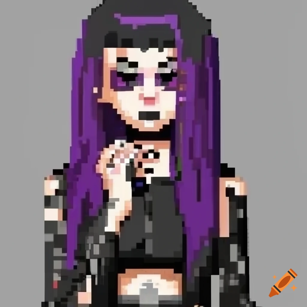 Pixel art of goth girl with purple hair, black eyeliner, and chains outfit on Craiyon