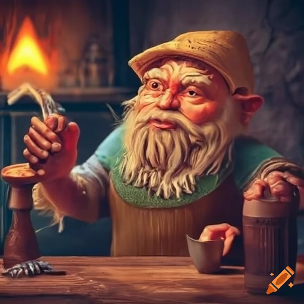Gnome innkeeper pouring ale into a flagon on Craiyon