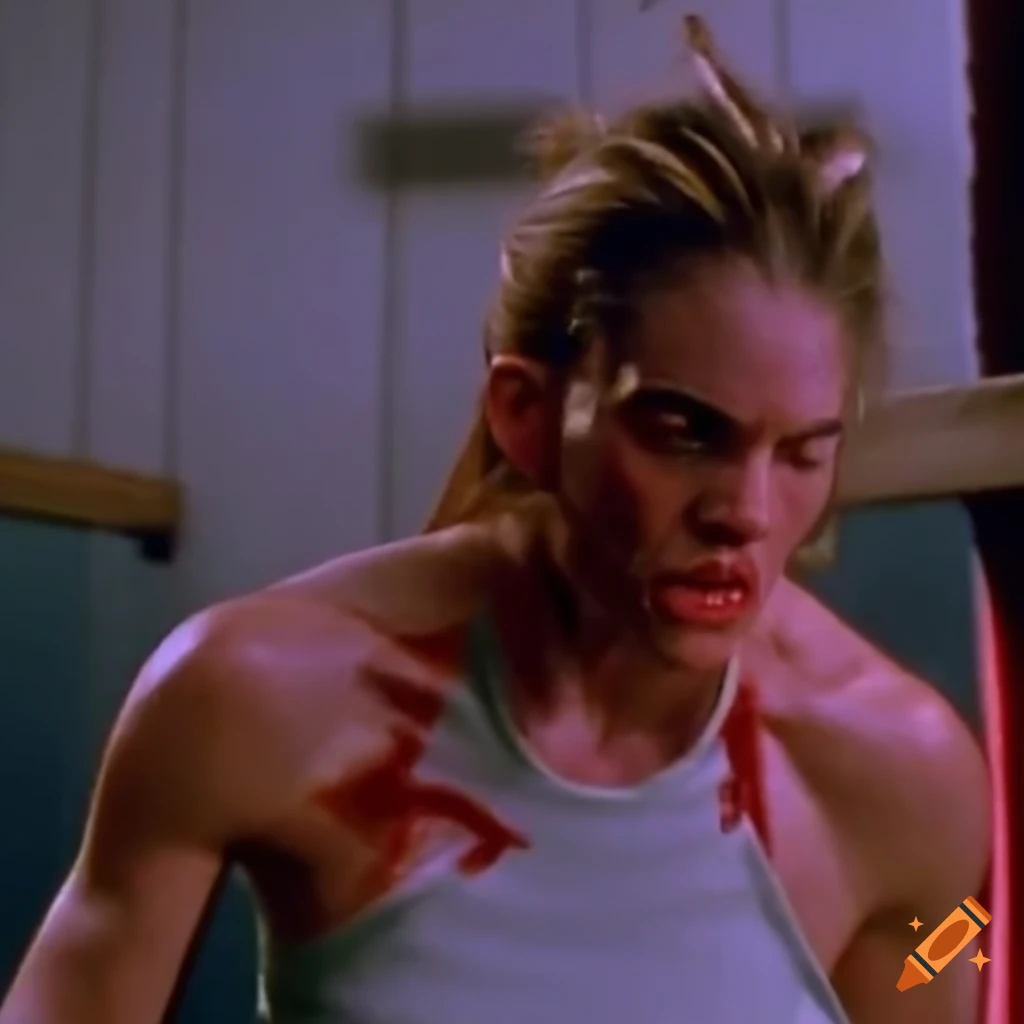 Closeup of hilary swank expressive face in a 90's movie scene on Craiyon