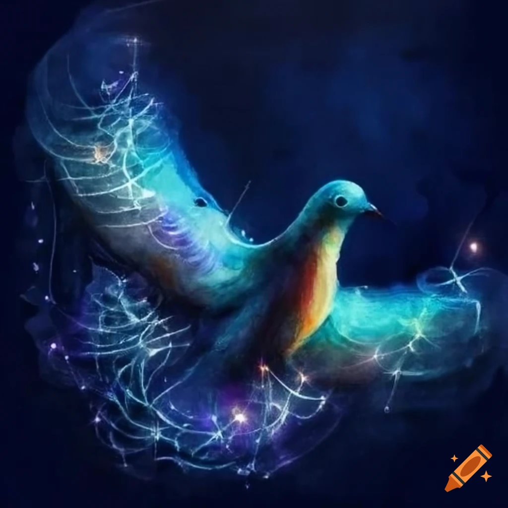 Watercolor drawing of a dove with quantum lights on deep indigo background on Craiyon