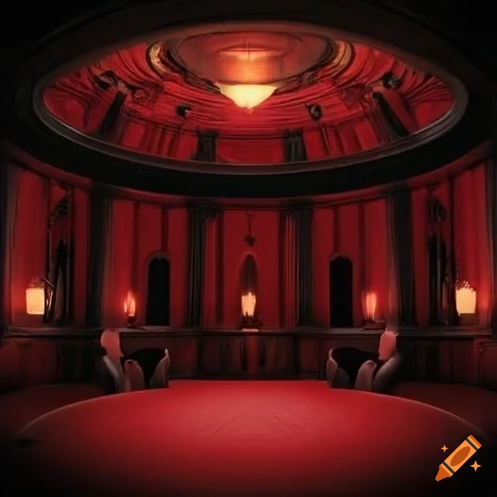 Dark round room with red couches, pillars, and people talking on Craiyon