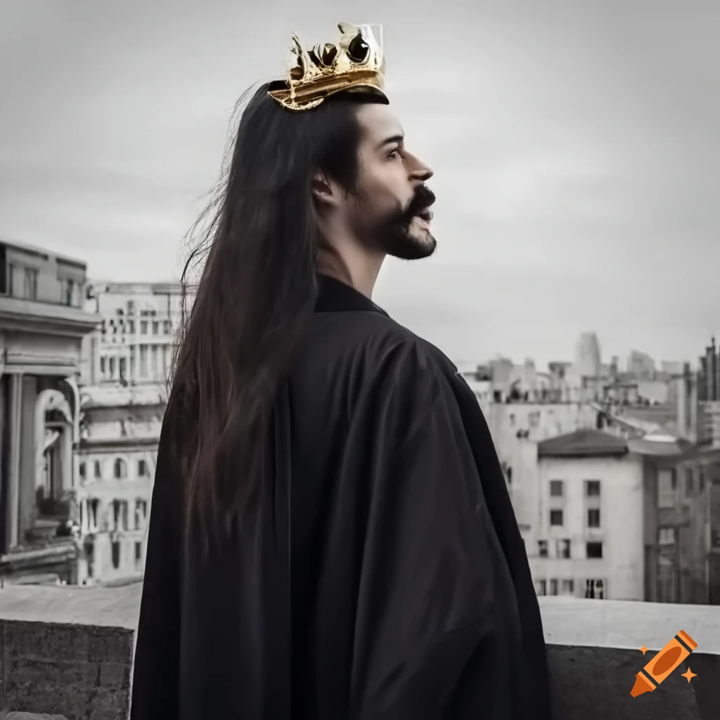 Young king in black attire standing on a balcony overlooking the city ...