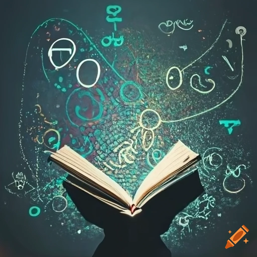 Person reading a book with symbols for complexity and understanding on ...