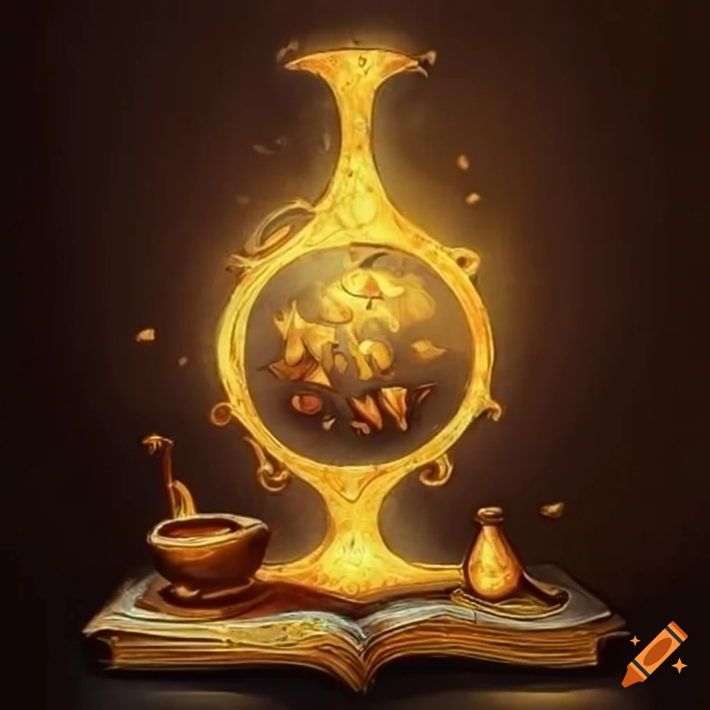 Golden emblem featuring a magic book, potion, and mortar and pestle on ...