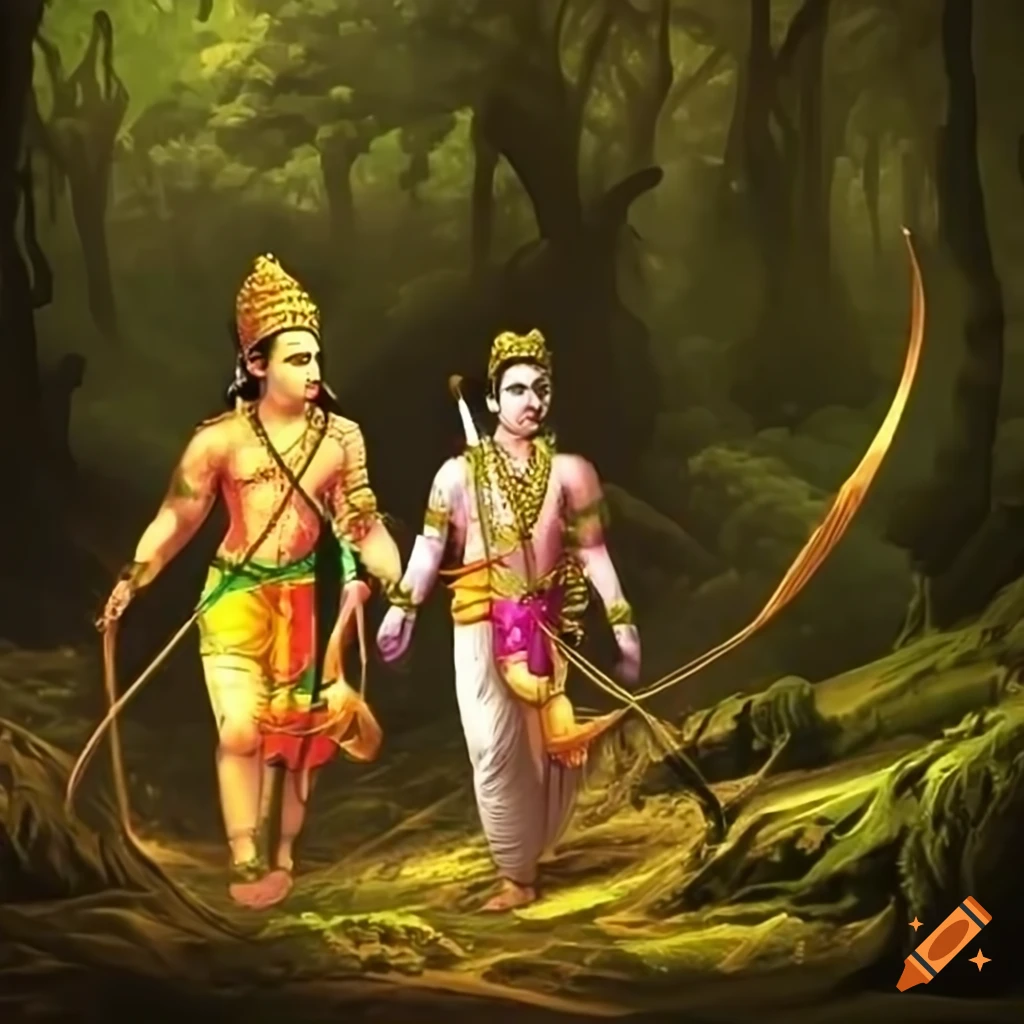 Lord rama and lakshman walking in a dense forest by the river with bows and arrows on Craiyon