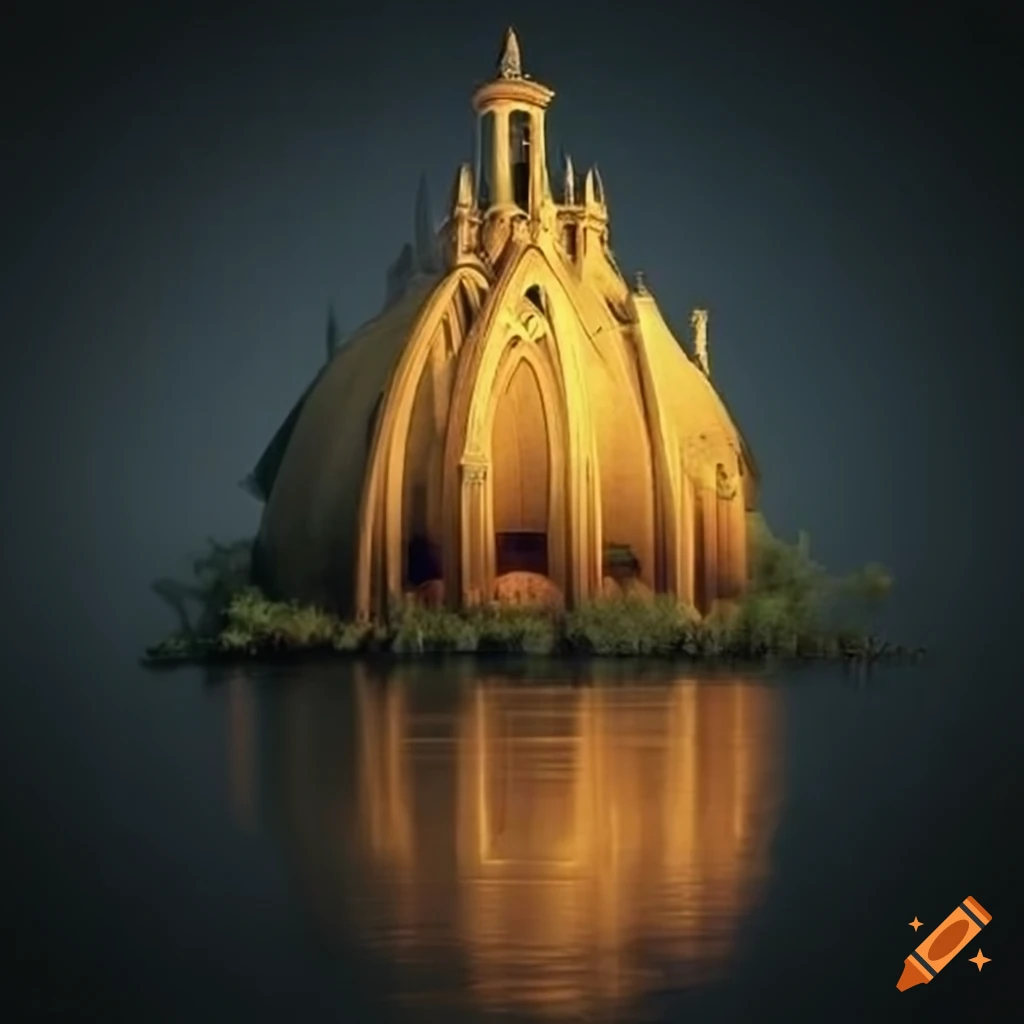 Church dome sinking into a swamp in imaginative fine art on Craiyon