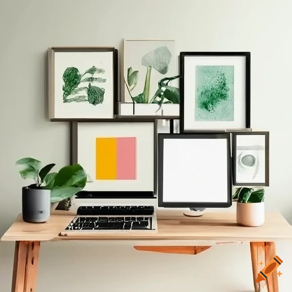 Positive office space with plants, frames, laptop, and books on Craiyon