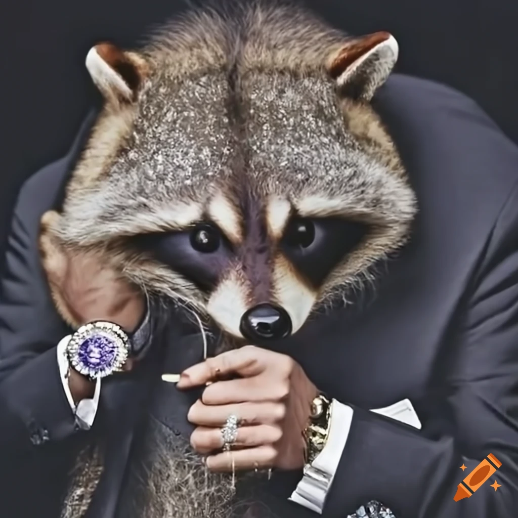 Bling jewelry and watch-wearing mafia boss raccoon on Craiyon