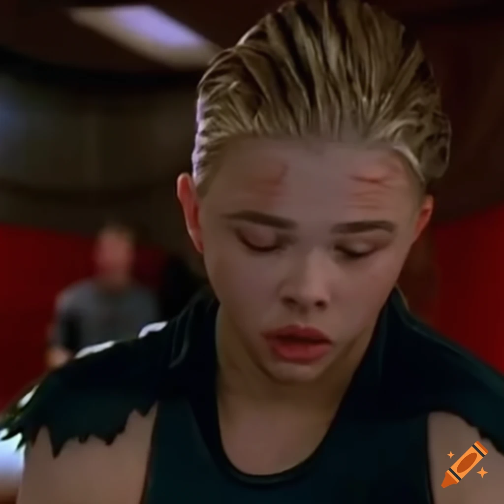 Expressive closeup of Chloe Moretz female fighter in a 90's movie scene ...