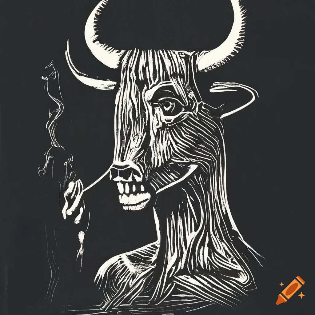 Bull-headed character with human body smoking a cigarette on Craiyon